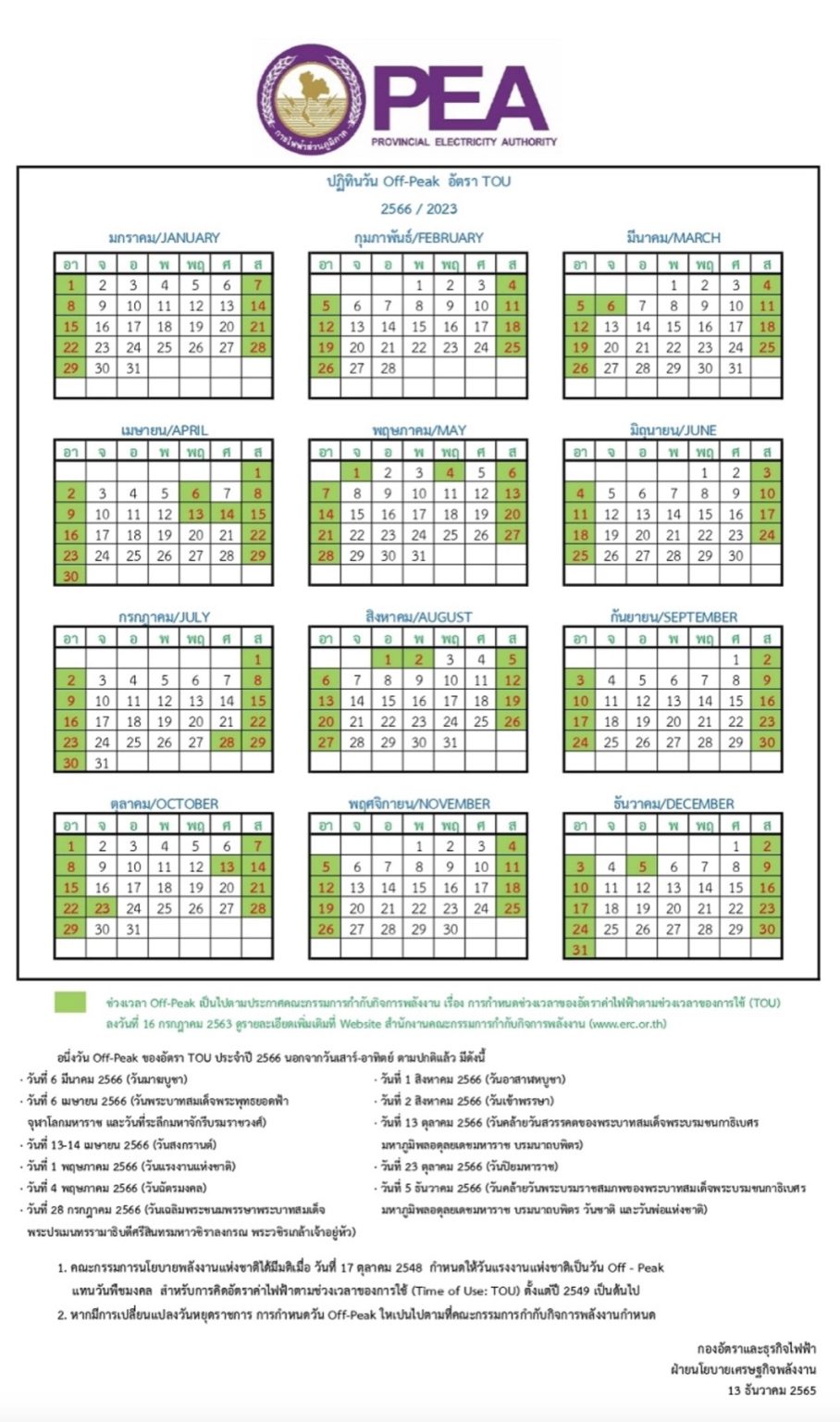 ปฏิทิน Off Peak อัตรา TOU ปี 2566 จาก PEA และ MEA สำหรับชาร์จรถยนต์ไฟฟ้า